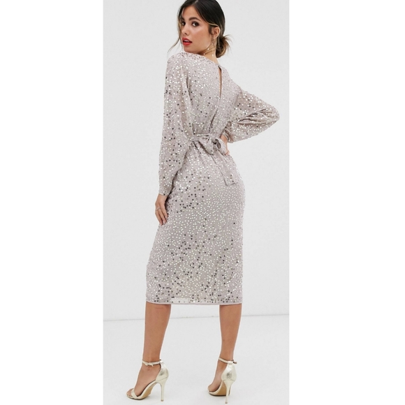ASOS | Dresses | Asos Design Midi Dress With Batwing Sleeve And Wrap Waist In Scatter Sequin ...
